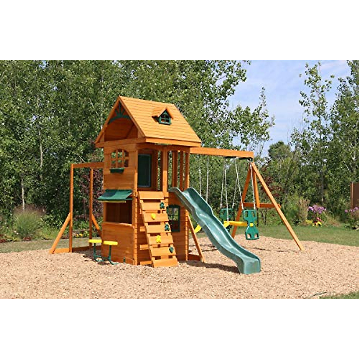 KidKraft Ridgeview Deluxe Clubhouse Wooden Swing Set / Playset with Café Table and Stools, Monkey Bars, Swing and Rock Wall, Gift for Ages 3-10
