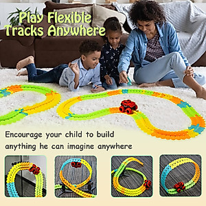 Race Car Track Toy for Kids, 200pcs Flexible Tracks of Glow in The Dark with 1 LED Light-Up Race Car for 3 4 5 6 7 Years Old Boys Girls Toddler, 19Ft Train Track Set Can be Build in Various Ways