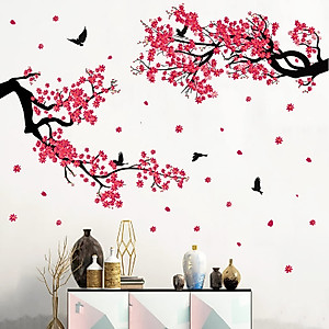 WOYINIS 3D Cherry Blossom Wall Stickers, Tree Branch Birds and Falling Flowers Petals Wall Decals, Peel & Stick Women Girls Bedroom Wall Decals Stickers Art for Living Room Bedroom Office Wall Decor