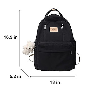 MININAI Preppy Backpack with Plushies Cute Backpack Light Academia College Backpack Solid Aesthetic Rucksack for Travel (One Size,Black)