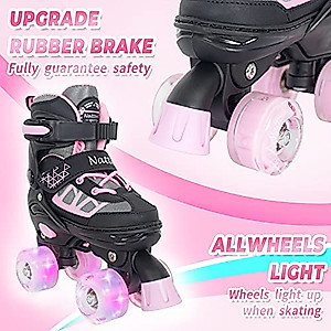 Kids Roller Skates for Girls, Pink Adjustable Rollerskates with Light Up Wheels for Big Kids Ages 6-12 7 8 9 10, Beginners Outdoor Sports, Best Birthday Gift for Girls Kids