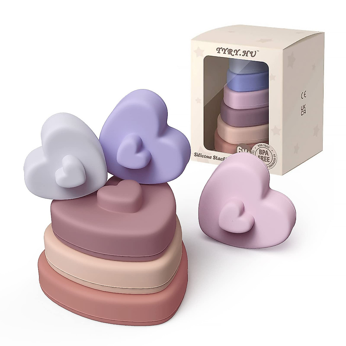 Baby Silicone Stacking & Nesting Toys, Christmas 6 pcs Heart Building Stacker Blocks Tower, Soft Chew Natural Teether Montessori Toys, 6+ Months Toddler Boys & Girls Early Education Learning