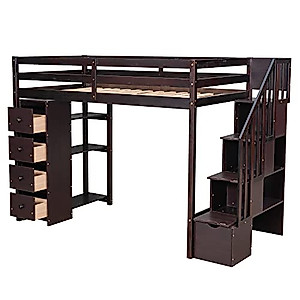Merax Twin Size Loft Bed, Loft Bed Frame with Storage Drawers and Stairs, Wooden Loft Bed with Shelves, Espresso