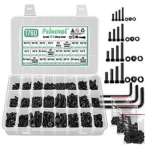 1760PCS Metric Screw Assortment M2 M3 M4 M5, Grade 12.9 Alloy Steel Hex Socket Head Cap Metric Bolts and Nuts Assortment Kit, Metric Screw Nuts and Bolts Flat&Lock Washers Set, 4 Hex Wrenches Included