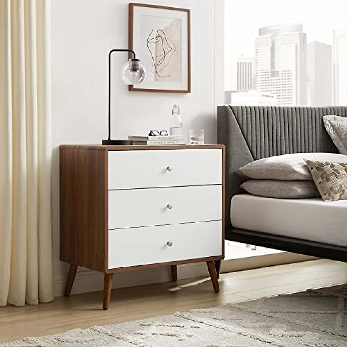 Modway Transmit Mid-Century Modern Wood Walnut White, 3-Drawer Chest