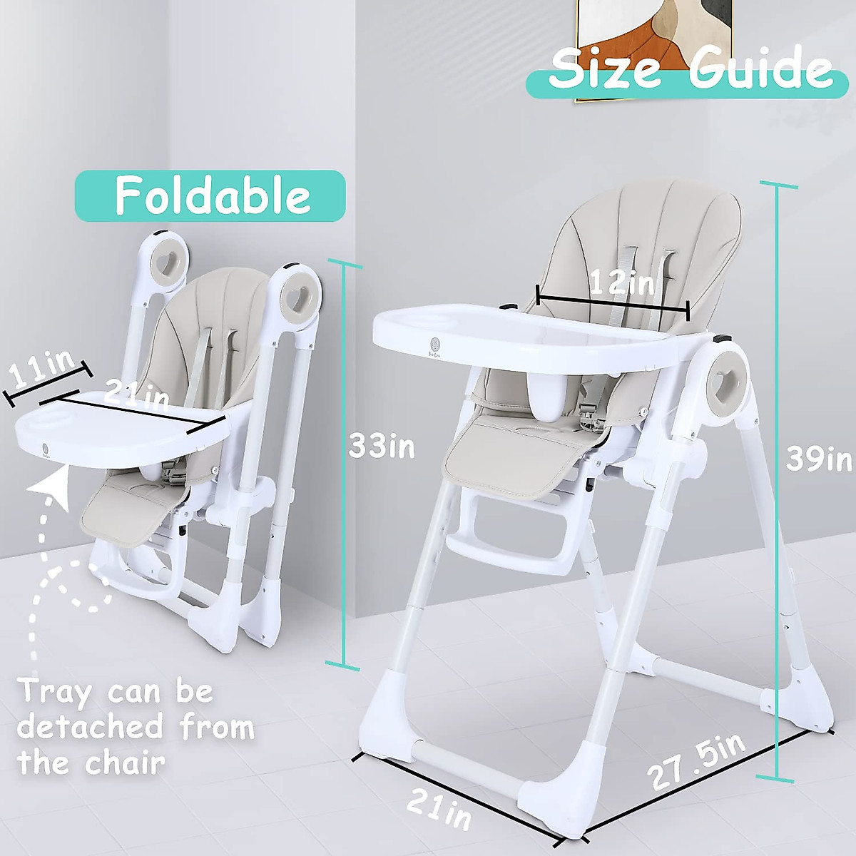 4 in 1 Baby High Chair, Foldable Booster Seats, Adjustable Height, Reclining Backrest and Footrest, Double Removable Tray, Highchair for Toddler and Infant