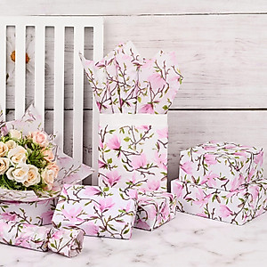 100 Sheets Pink Magnolia Flowers Printed Tissue Paper Floral Pattern and Leaves Art Decorative Tissue for Gift Wrapping Supplies
