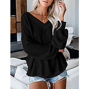 Tobrief Women's V Neck Long Sleeve Waffle Knit Tops Off Shoulder Oversized Pullover Sweater A-Black