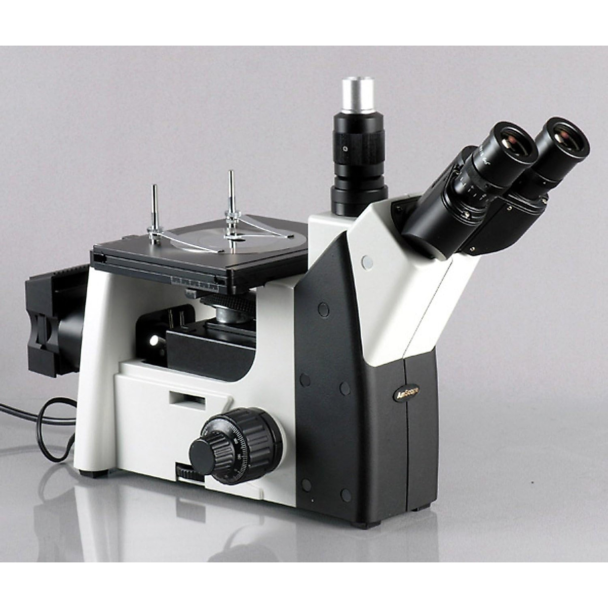AmScope ME1200TB Inverted Trinocular Metallurgical Microscope, 50X-1000X Magnification, PL10x and PL20x Eyepieces, Polarizing Condenser, Brightfield and Polarizing LED Illumination with Rheostat, Large Double-Layer Mechanical Stage, 90-240V