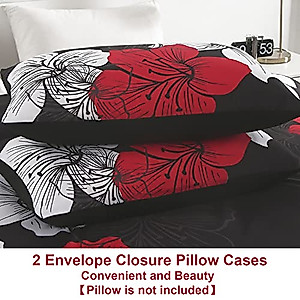 Black Duvet Cover Set King Red Floral Pattern Comforter Cover Boho Lily Floral Duvet Cover with 2 Pillow Cases Lightweight Microfiber Elegant Bedding Duvet Cover Set All Season 90"x 104"