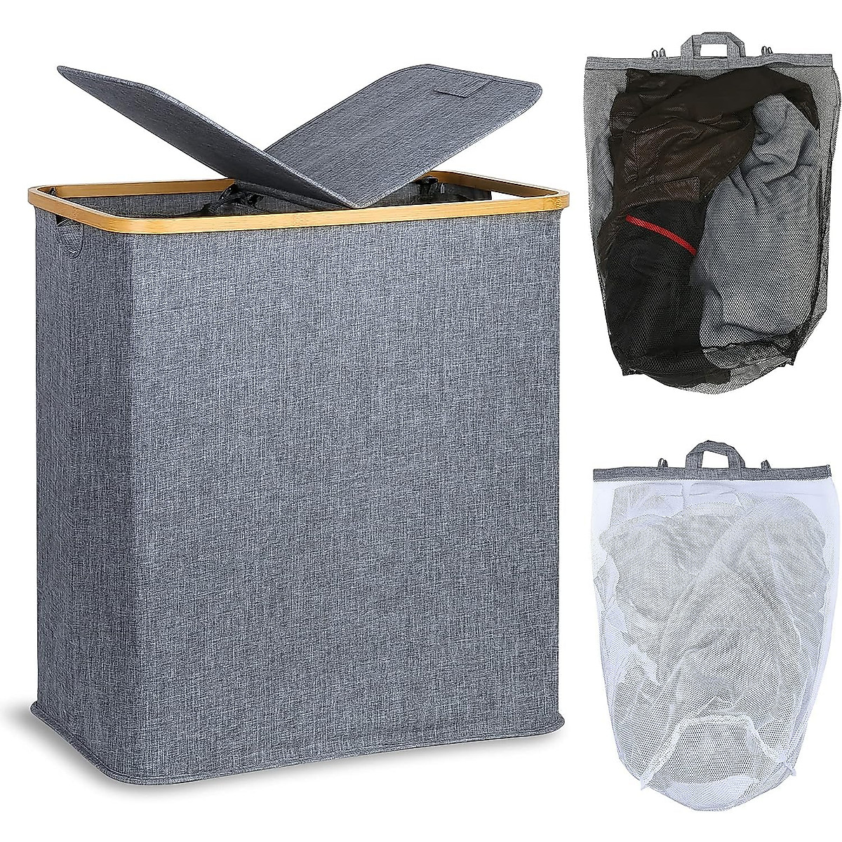 AM The America Store - Double Laundry Hamper with Lid, Divided Laundry Hamper with Removable Bags, 2 Section Dirty Clothes Basket with Handles for Bathroom, Bedroom & Laundry Room, 150L (GREY)