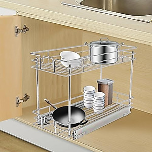 KarweuSu 2-Tier Kitchen Cabinet Pull Out Shelf and Drawer Organizer, Slide Out Pantry Storage Basket in Multiple Sizes, Pull Out Cabinet Organizer for Kitchen (Silver-10.5" W X 21.5" D)