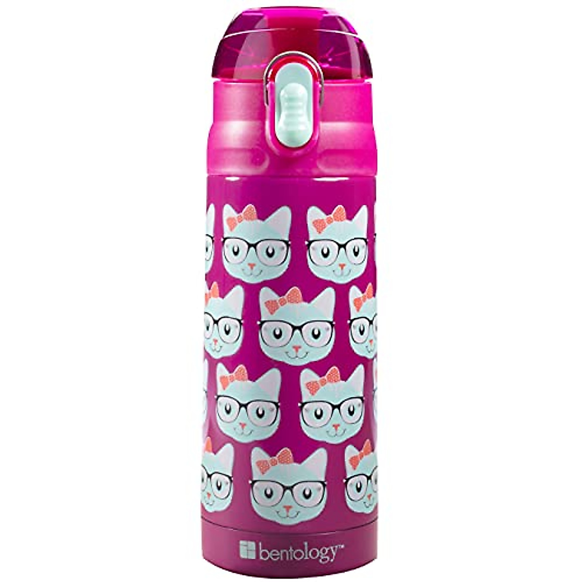 Bentology Stainless Steel 13 oz Kitty Insulated Water Bottle for Girls- Easy to Use for Kids - Reusable Spill Proof BPA-Free, Fits in Most Lunch Boxes & Bags, Use for Summer Camp, Back to School