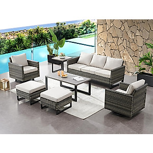 HUMMUH 7 Piece Patio Furniture Set PE Wicker Outdoor Sectional Sofa,High Back Patio Swivel Rocking Chairs with Ottomans Coffee Table for Porch,Garden,Backyard