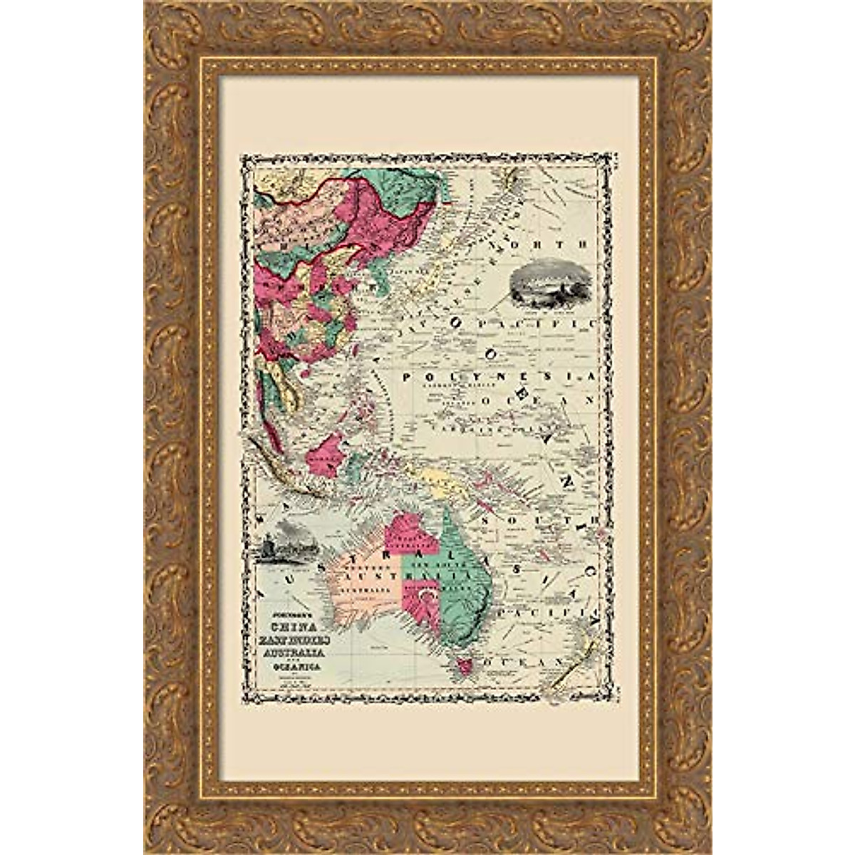 Johnson 26x40 Gold Ornate Framed Canvas Art Print Titled: East Indies China Australia Oceanica - Johnson Map