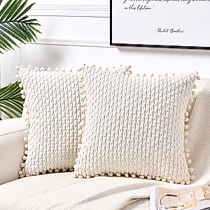 Fancy Homi Set of 2 Boho Cream Decorative Throw Pillow Covers 18x18 Inch with Pom-poms for Couch Bed Sofa, Modern Farmhouse Home Decor, Soft Plush Corduroy Cute Cushion Case 45x45 cm