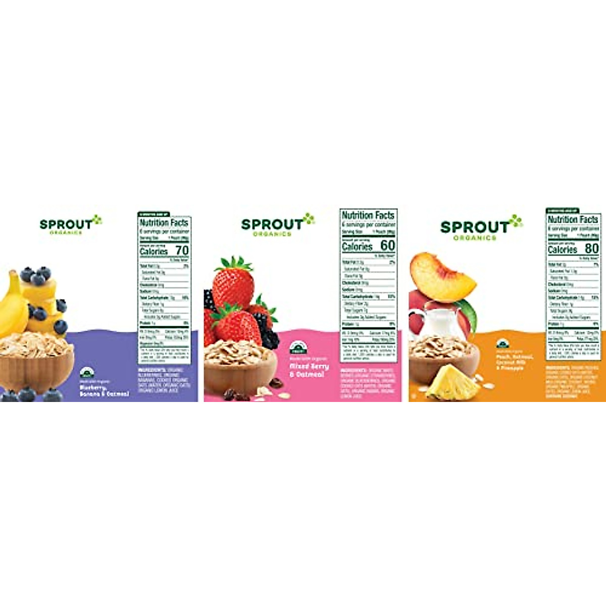 Sprout Organics, Stage 2 Variety Pack, Blueberry Banana Oatmeal, Mixed Berry Oatmeal & Peach Oatmeal with Coconunt Milk, 6+ Month Pouches, 3.5 oz (18-count)