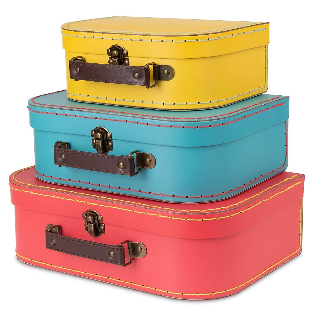 Jewelkeeper Decorative Storage Boxes Set of 3 - World Map Mini Suitcase Style Cardboard Suitcase with Brass Clasps and Handle - Ideal for Travel Decor, Event Props and Gift Presentation