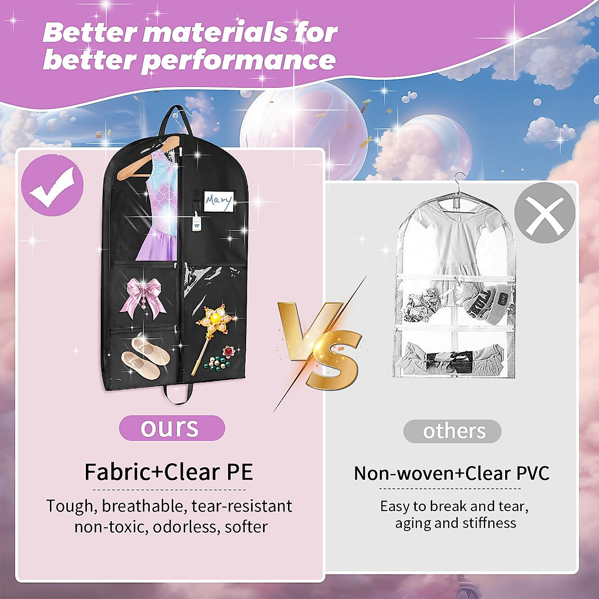 Sishynio Garment Bag, Clear Waterproof Garment Bags for Hanging Clothes, 43 Inch Black Garment Bag with 6 Pockets, Dance Garment Bag, Kids Garment Bag for Dance Competitions Sports Suit Travel