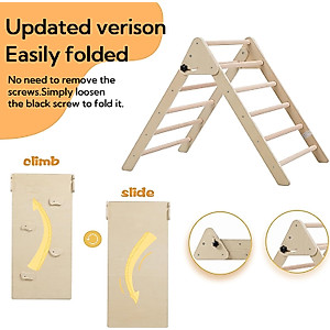 Giant bean Foldable Wooden Climbing Triangle with Sliding Ramp, 3 in 1 Pikler Triangle Climbing Toys for Toddlers, Kids Indoor Climbers & Gym Play Structures for Boys Girls
