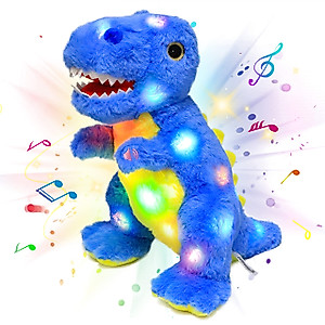 Cuteoy Blue Dinosaur LED Musical Stuffed Animal Light-up Singing Plush T-Rex Adjustable Volume Lullaby Plushies Birthday Christmas Toy Gifts for Kids Toddler Girls, 12"