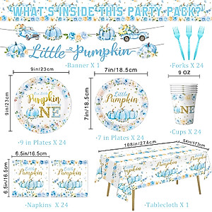 Little Pumpkin First Birthday Decorations - Little Pumpkin is Turning One Decorations Set Includes Plates, Napkins, Cups, Forks, Tablecloth, Banner fo Boy Pumpkin Birthday Decorations, Serves 24