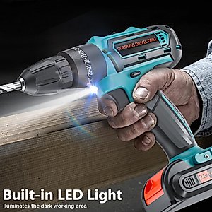 Cordless Power Drill Set with Battery and Charger,21V Cordless Drill Set, 25+3 Torque,2 Variable Speeds Electric Drill Set with 3/8'' Keyless Chuck,LED lights,2 Batteries