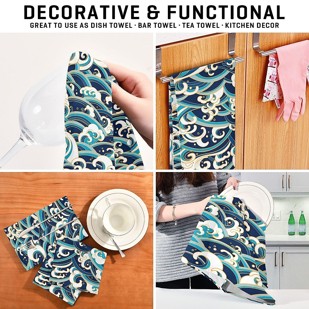 sletend Kitchen Towels or Tea Towels Japanese Style Sea Wave 28x18in Polyester Material Dish Towels or Dishcloths with Hanging Loop, Set of 1 Hand Towel for Dining Table Kitchen.