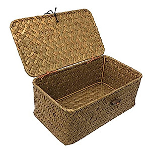 Alipis Desktop Stand Storage Drawers Straw Basket with Lid Seagrass Storage Basket Bins, Desktop Makeup Organizer Sundries Storage Box Rattan Lidded Box Shelf Bracket Small Basket