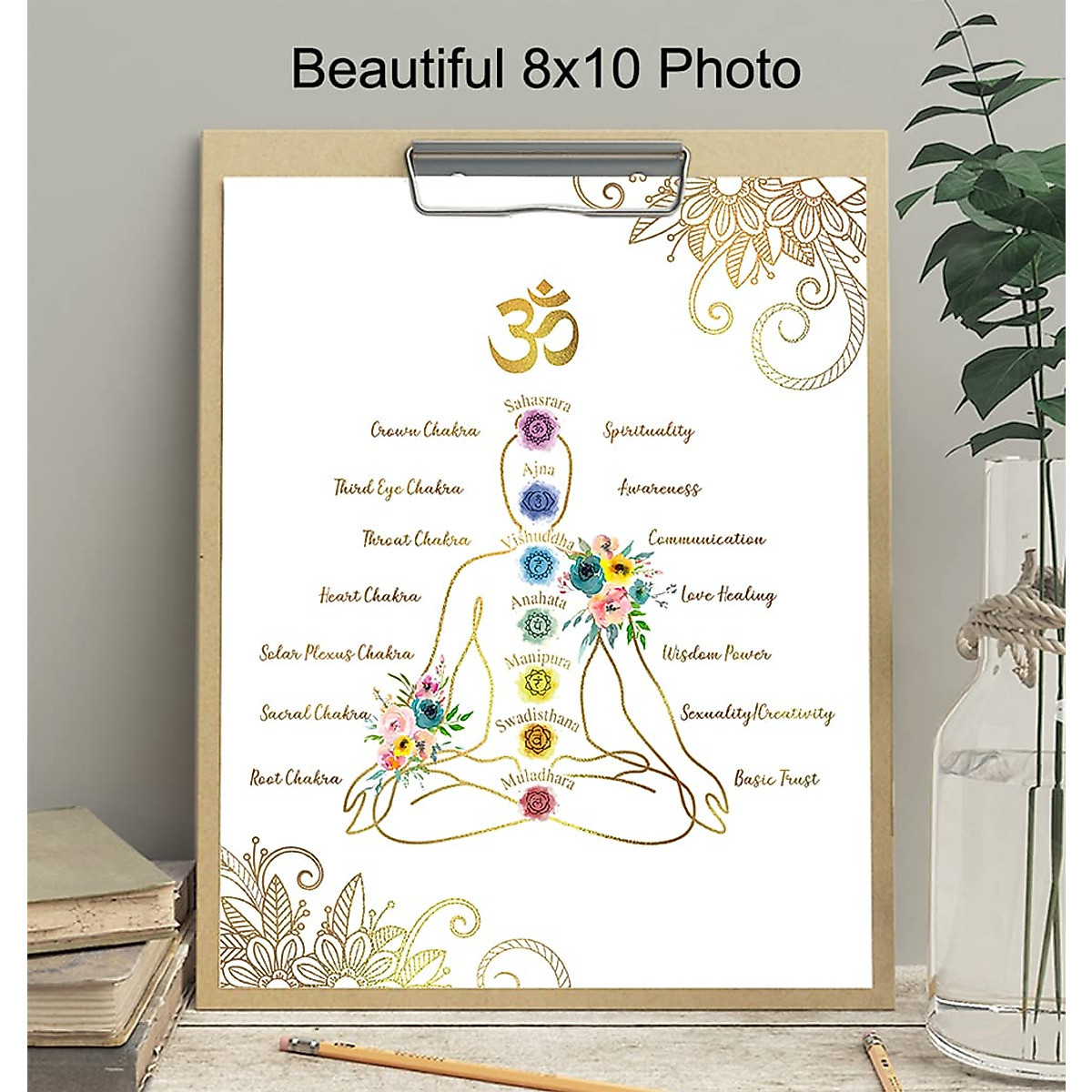 Chakras Meditation Decor - Zen Buddhism Wall Art - Spa Decor, Bedroom, Living Room, Bathroom - Yoga Namaste Poster Print - Gold White Lotus Flower Mandala - Gift for Buddhist, New Age Women