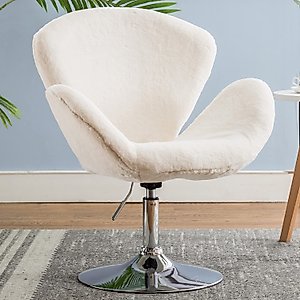 Wahson Vanity Chairs with Backs for Bedroom Cute Home Office Chair Faux Fur Chairs for Teens Girls Dorm Chairs Comfy Adjustable Stool,White (Faux Rabbit Fur)