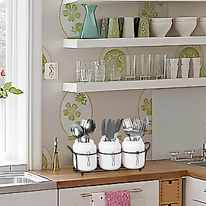 CLOTHUP Ceramic Silverware Caddy, Utensil Caddy with Metal Holder, Countertop Silverware Utensil Organizer Holder, Knives Spoons and Forks Utensil Organizer Holder for Kitchen and Party