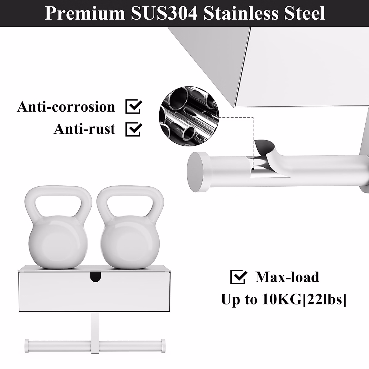 Tindbea Toilet Paper Holder with Storage - Stainless Steel Wall Mounted Toilet Paper Holder with Shelf, Flushable Wipes Holer Dispenser, Tampon Storage for Bathroom, Double Tissue Roll Holder, White