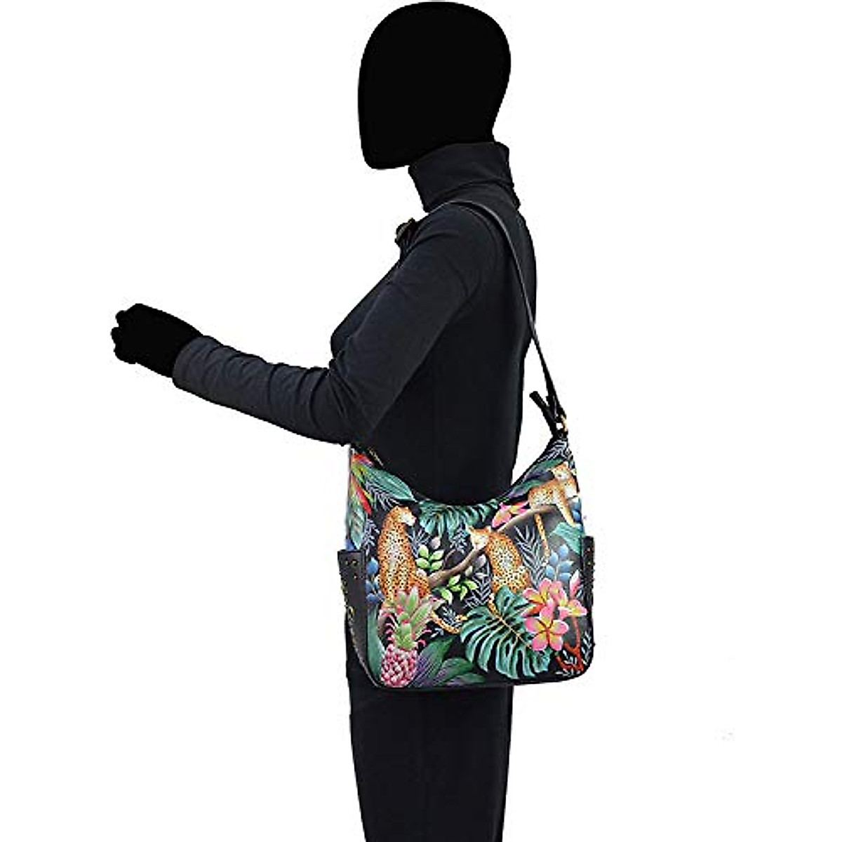 Anuschka Women's Hand-Painted Genuine Leather Classic Hobo With Studded Side Pockets - Jungle Queen