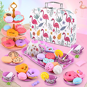 41Pcs Tea Party Set for Little Girls, Pretend Tin Teapot Set, Princess Tea Time Play Kitchen Toy with Dessert, Doughnut, Carrying Birthday Gift Case for Toddlers Age 3 4 5 6