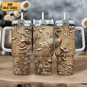 Hyturtle Personalized Unique Wooden Peacock 2D Print Tumbler - Peacock Gifts For Women - Animal Present For Lover Her - Mothers Day Present For Mom - Custom Travel Coffee Cup 40 oz With Lid And Straw