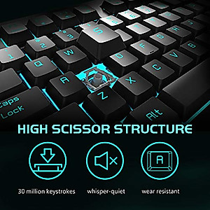 POWZAN Light Up Quiet Gaming Keyboard - Membrane Silent Wired Keyboard with Low Profile Lighted Key for Computer, Windows PC Gamer - Full Size, Black
