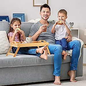 Aodaer 2 Pack Natural Bed Tray Table with Folding Legs Kids Portable Serving Platters Tray with Handles Large Serving Tray Breakfast Food Tray for Bed, Sofa, Kitchen, Eating, Working