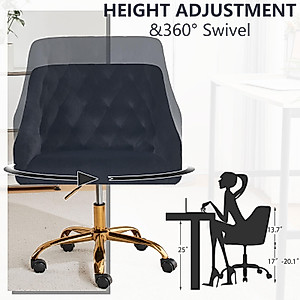 MOJAY Velvet Office Swivel Chair, Vanity Fabric Desk Pretty Fancy Gold Office Chairs for Girls, 360°Swivel Height Adjustable Reception Chair (Black)