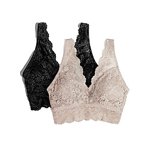 Smart & Sexy Women's Signature Lace Deep V Neck Wireless Bralette, Bralettes For Women With Support, Bralettes and Bralette Pack Black Hue/In the Buff XL