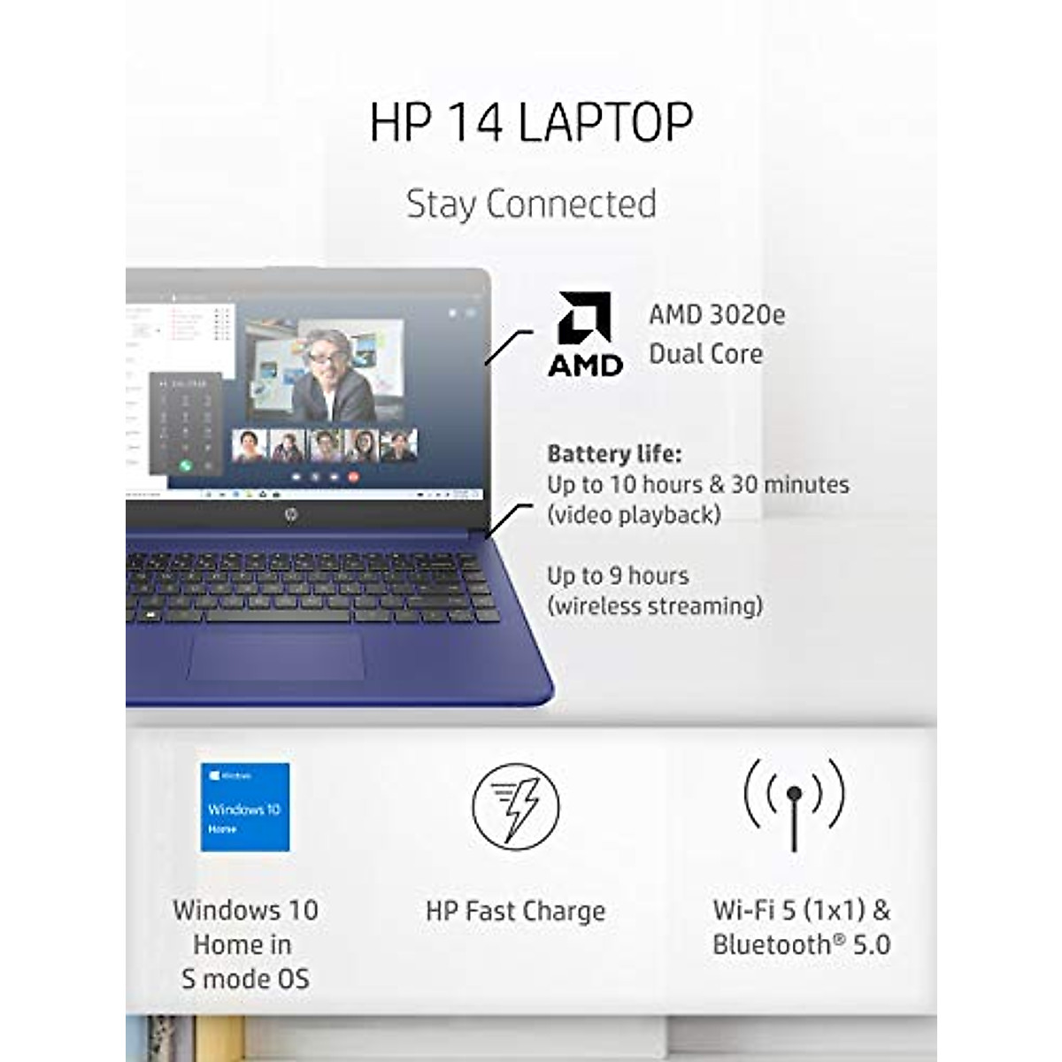 HP 14 Laptop, AMD 3020e, 4 GB RAM, 64 GB eMMC Storage, 14-inch HD Touchscreen, Windows 10 Home in S Mode, Long Battery Life, Microsoft 365, (14-fq0040nr, 2020)