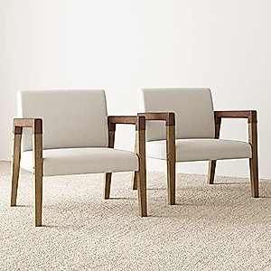 Nathan James Hudson Accent Living Room Chair, Comfy Reading Bedroom Chair, Mid-Century Wood Armchair, Upholstered Fabric and Leather Armrest, Set of 2