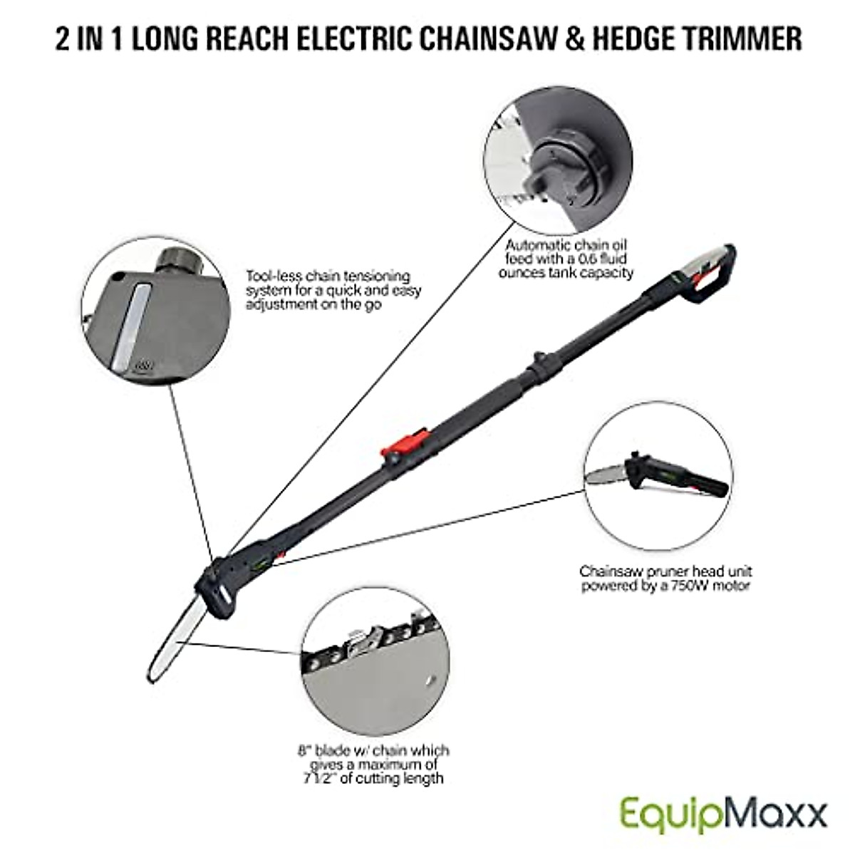 EQUIPMAXX Long Reach 2 in 1 Electric (Corded) Pole Hedge Trimmer & Chainsaw, Telescopic Extension Pole Tool for Garden Pruning and Branch Cutting (Extends to 7 1/2 Feet)