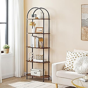 HOOBRO 5 Tier Bookshelf, Industrial Bookcase Arched, Tall Standing Bookshelves and Bookcases, Open Storage Shelves, Wooden Book Shelf for Bedroom, Living Room, Rustic Brown Bookshelf BF176SJ01