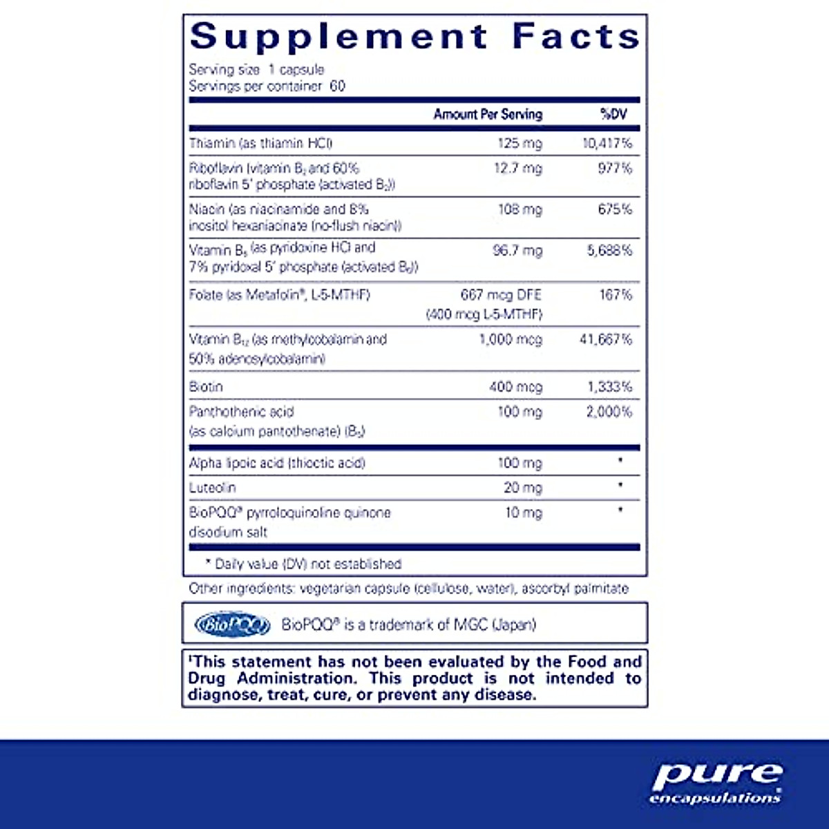 Pure Encapsulations Ultra B-Complex with PQQ | Vitamin B Supplement to Support Nerves, Cells, Methylation, and Mitochondrial Health* | 60 Capsules