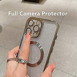 HYUEKOKO Compatible with iPhone 14 Pro Max Magnetic Glitter Cute Case, Plating Bling Clear Phone Case with MagSafe for Women Girls Full Camera Protector Back Cover for iPhone 14 Pro Max 6.7 Gold