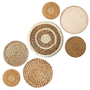 ALYBSOO Boho Wall Basket Decor set of 7, Woven Seagrass Wicker Rattan Flat Baskets Wall Hanging Decor, Handmade African Round Wall Baskets Decor, for Living Rooms, Bedrooms