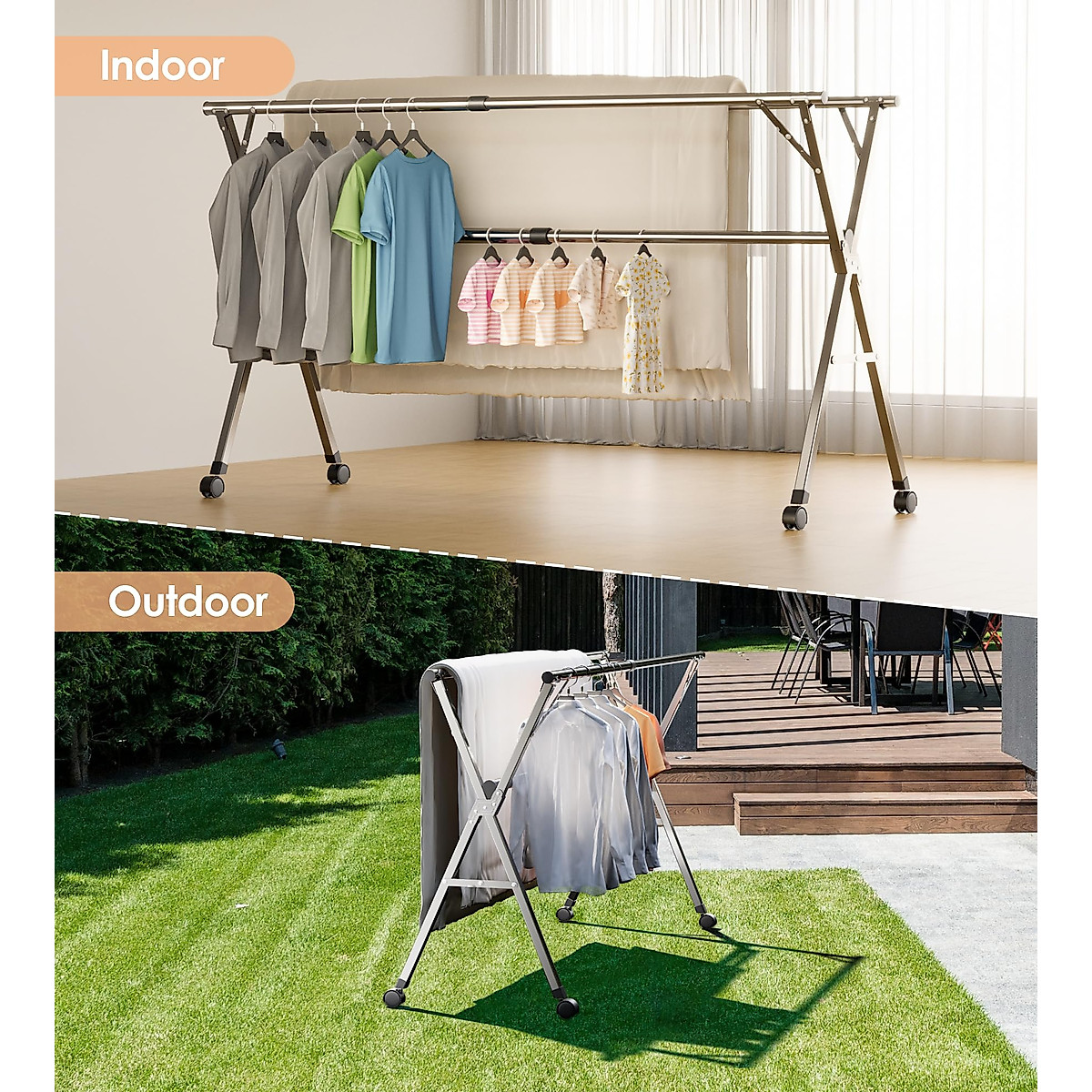 KitchLife Upgraded Clothes Drying Rack with Wheels, No Assembly Required, 95 Inches, Super Heavy Duty 201 Stainless Steel, Adjustable Foldable Laundry Drying Rack