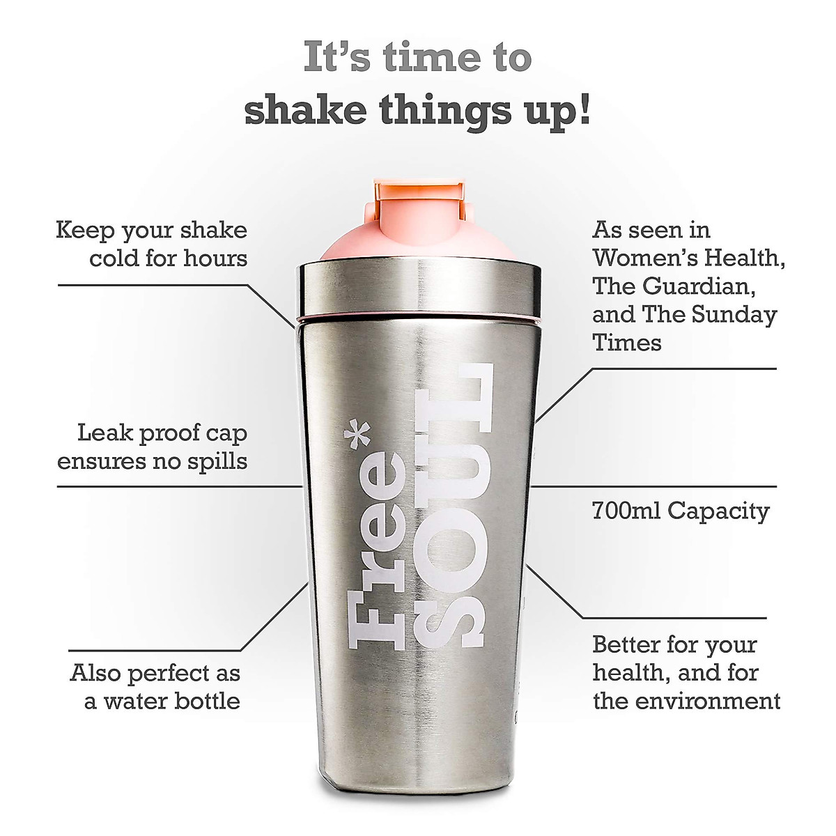 Steel Protein Shaker Bottle 24-Ounce | 700ml Stainless Steel Metal BPA Free | No Plastic Smell | Leak Proof | in-Built Grill for Lump-Free Mixing | Wash by Hand | Free Soul