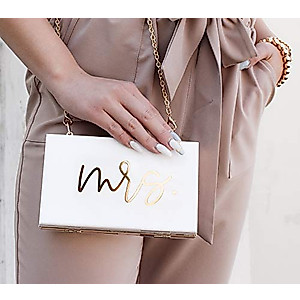 ModParty Mrs Acrylic Clutch Purse | Bridal Shower, Engagement, & Honeymoon Gift | Bride to Be Accessory | Crossbody with Removable Chain | White and Gold
